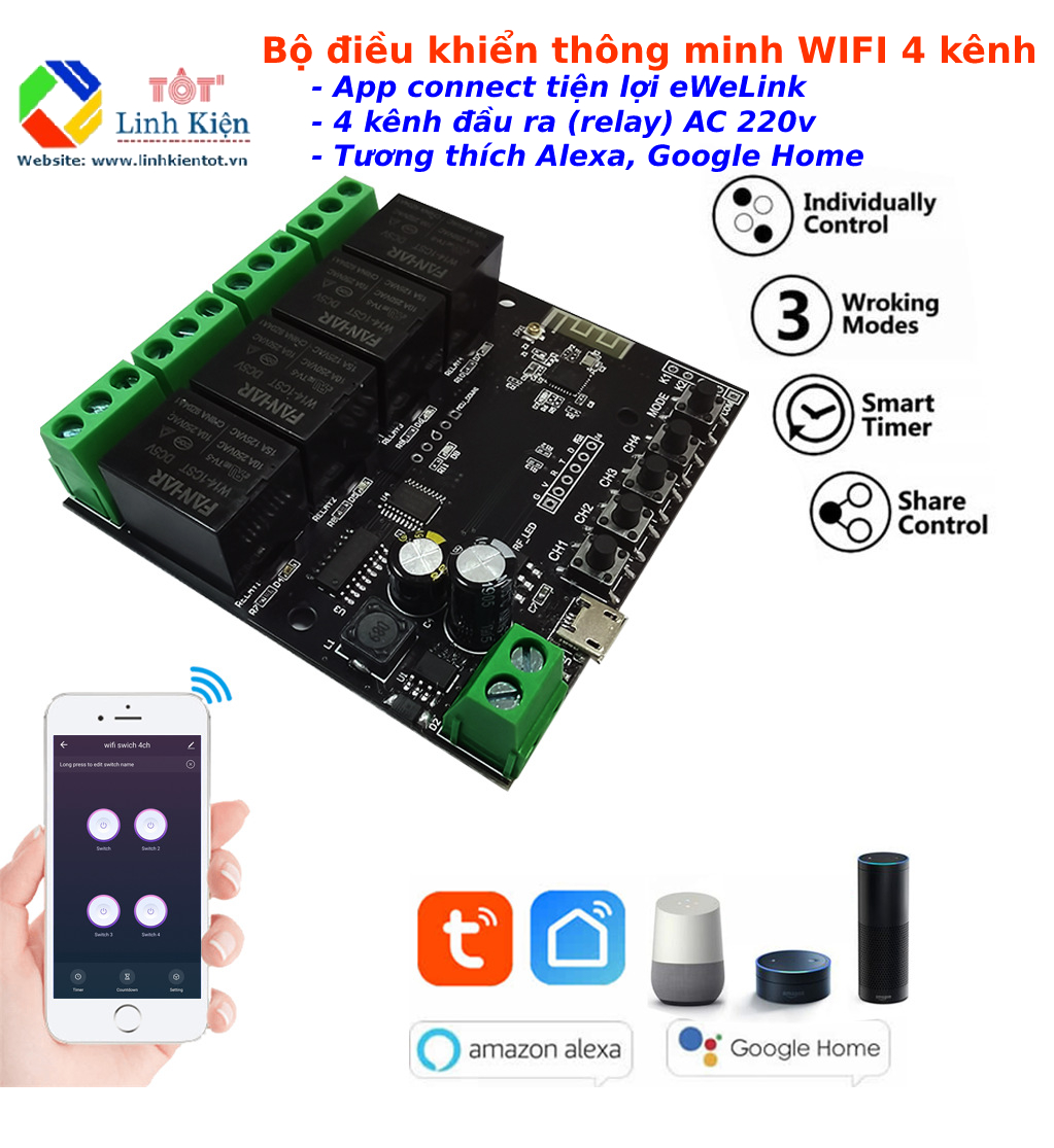 Bộ công tắc điều khiển WIFI nhà thông minh 4 kênh - Smart home 4 relay