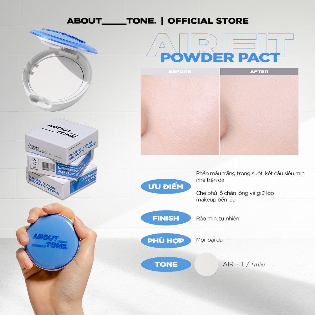 Phấn phủ dạng nén About Tone Air Fit Powder Pact 8g trong suốt, mịn mà ...