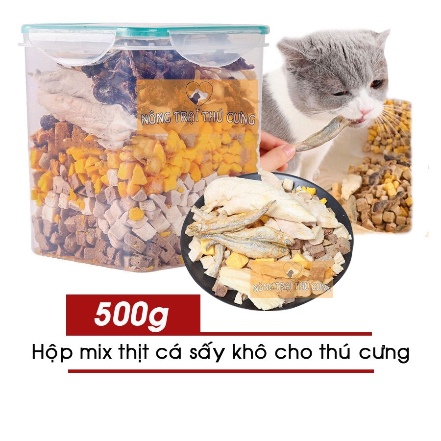Hộp Thịt Cá Sấy Khô 500g Cho Chó Mèo (Loại Ngon) - Mix 11 loại: Chim C – Nông Trại Thú Cưng