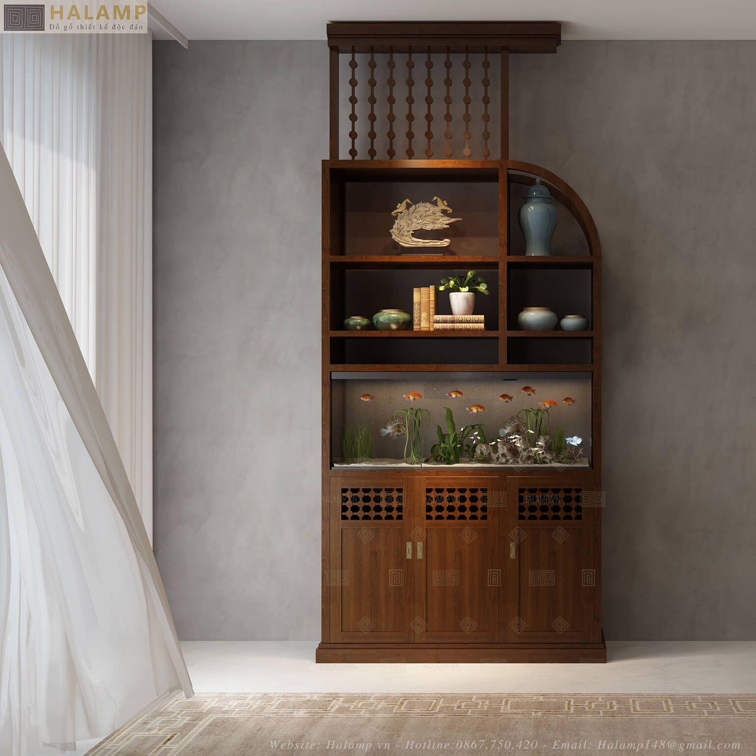Tủ trang trí ngăn phòng kết hợp để bể cá Halamp TT009 – Halamp: Đưa đồ gỗ Việt vào thiết kế nội thất