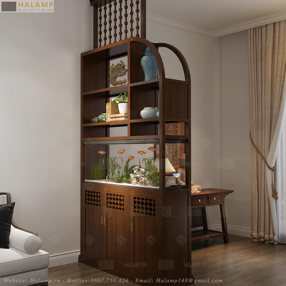 Tủ trang trí ngăn phòng kết hợp để bể cá Halamp TT009 – Halamp: Đưa đồ gỗ Việt vào thiết kế nội thất