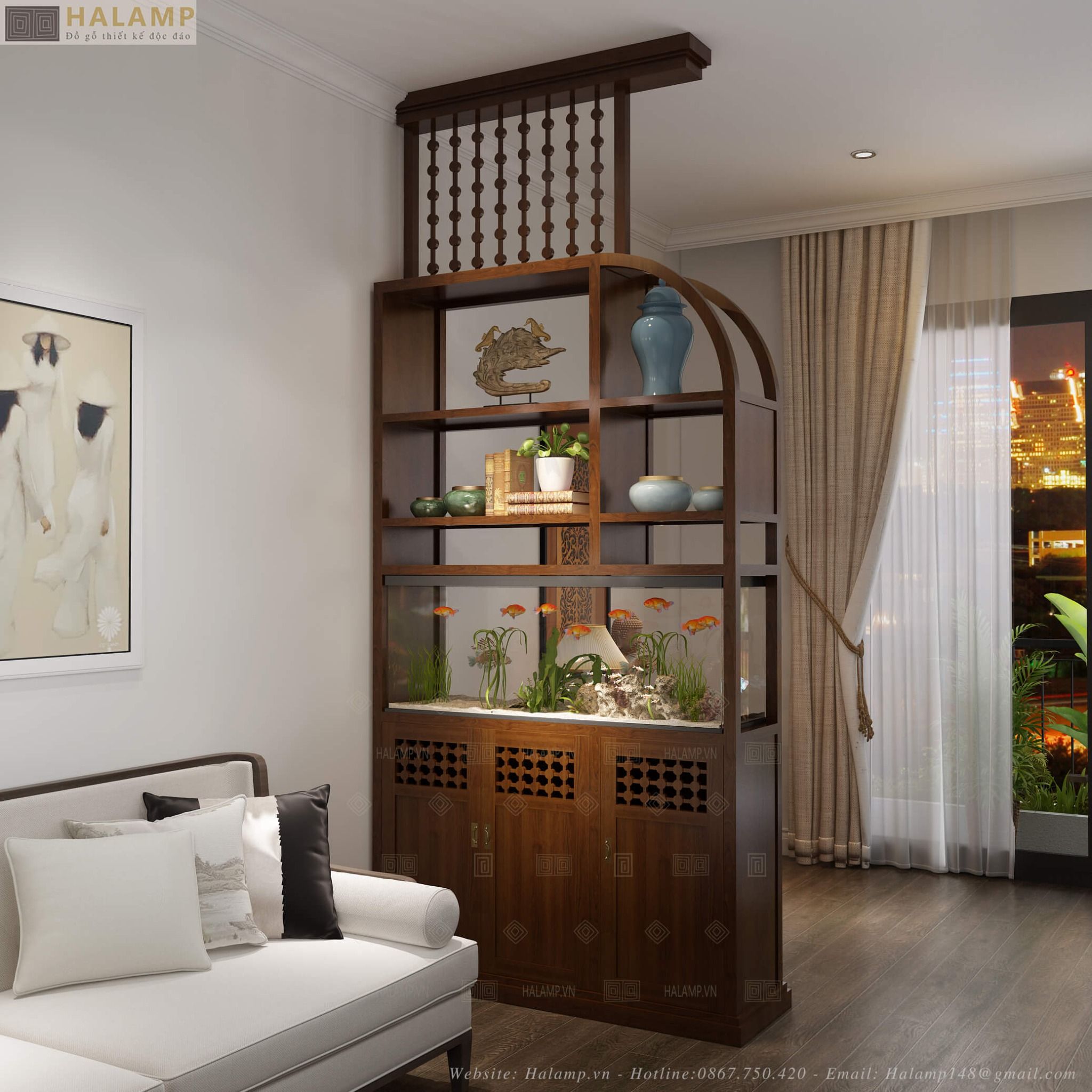Tủ trang trí ngăn phòng kết hợp để bể cá Halamp TT009 – Đồ gỗ Halamp