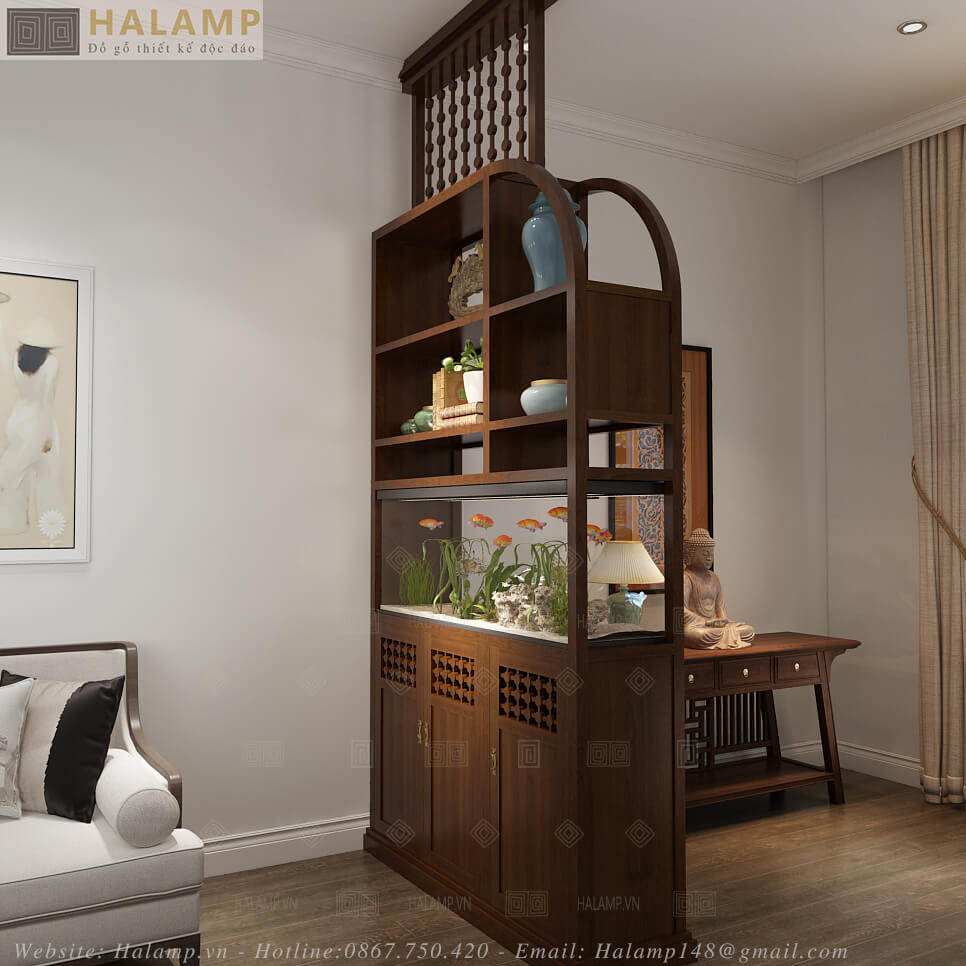 Tủ trang trí ngăn phòng kết hợp để bể cá Halamp TT009 – Halamp: Đưa đồ gỗ Việt vào thiết kế nội thất