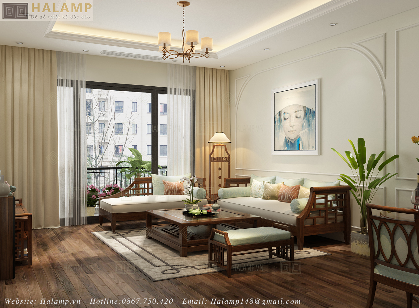 Mẫu sofa gỗ phù hợp với không gian tân cổ điển hiện đại SF015 – Halamp: Đưa đồ gỗ Việt vào thiết ...