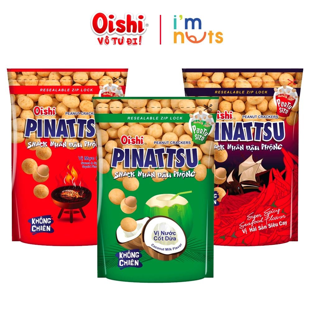 Snack nhân đậu phộng Pinattsu Oishi đủ vị gói lớn 85g – Bánh kẹo Ăn vặt ImNuts