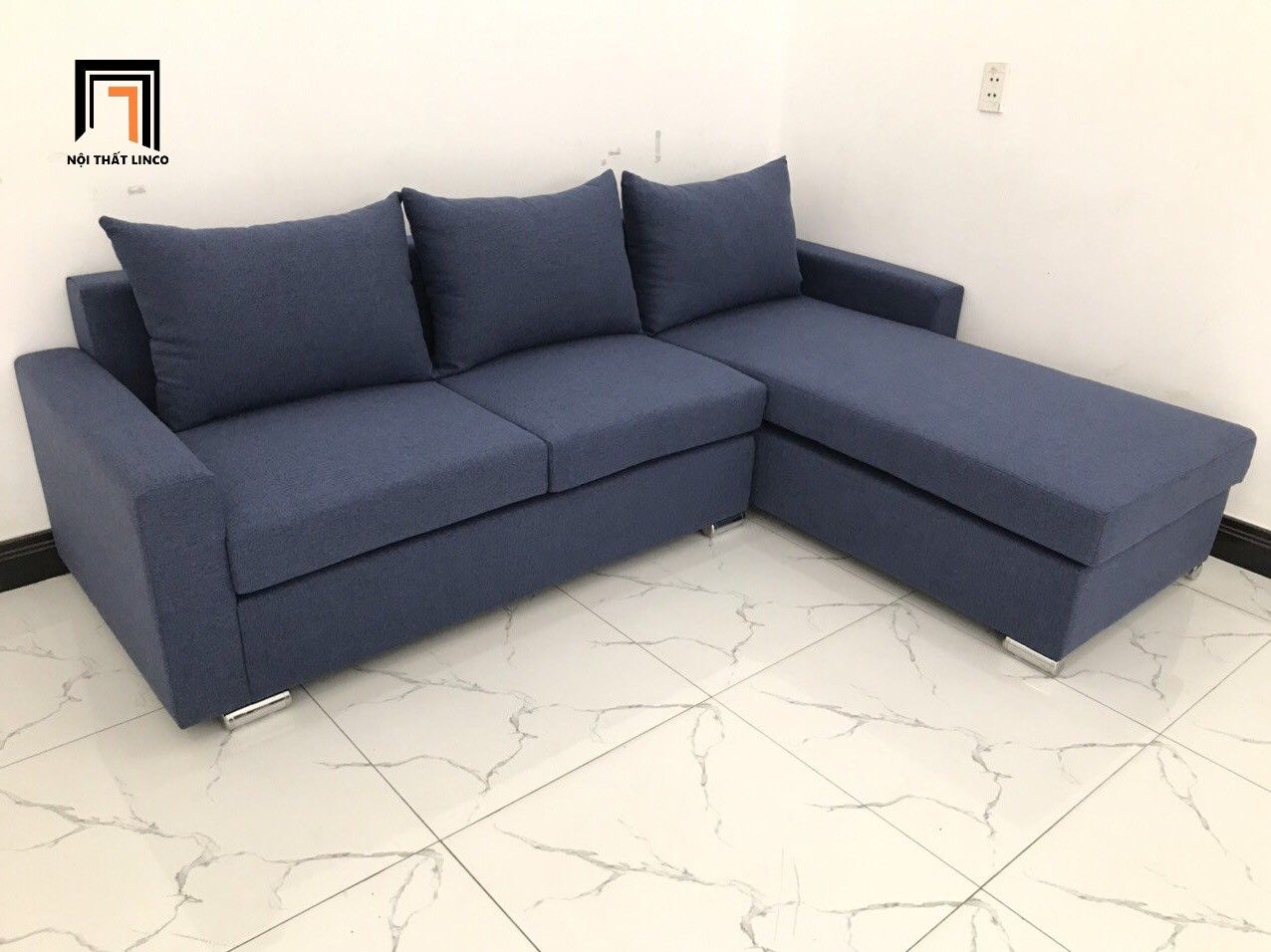 Bộ ghế sofa góc L 2m2 x 1m6 xanh dương đậm bọc vải – Nội thất Linco Bình Định