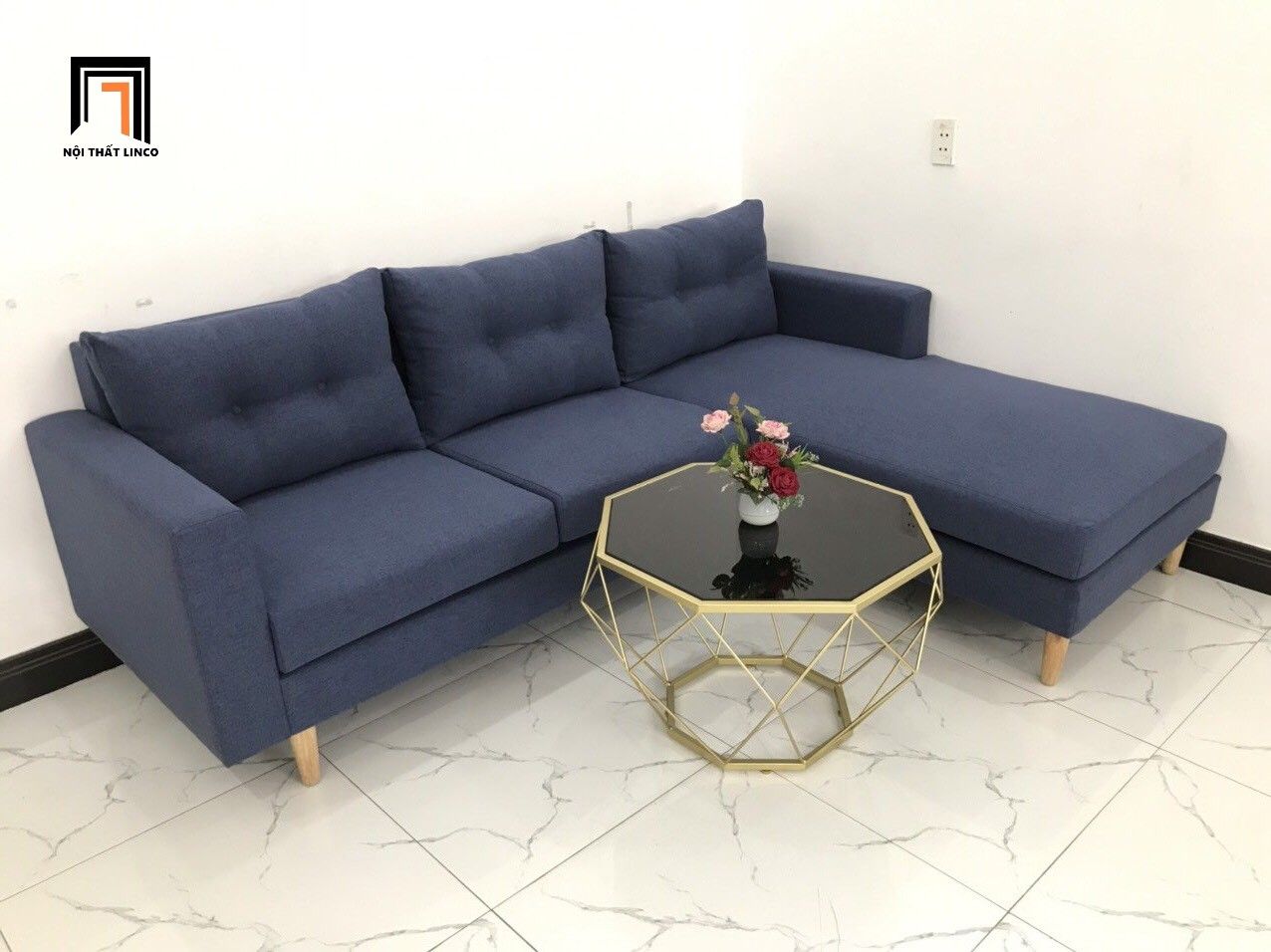 Bộ ghế sofa góc 2m2 x 1m6 màu xanh đen giá rẻ – Nội thất Linco Bình Định