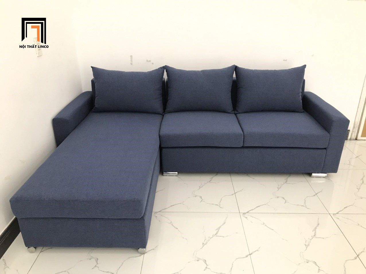 Bộ ghế sofa góc L 2m2 x 1m6 xanh dương đậm bọc vải – Nội thất Linco Bình Định