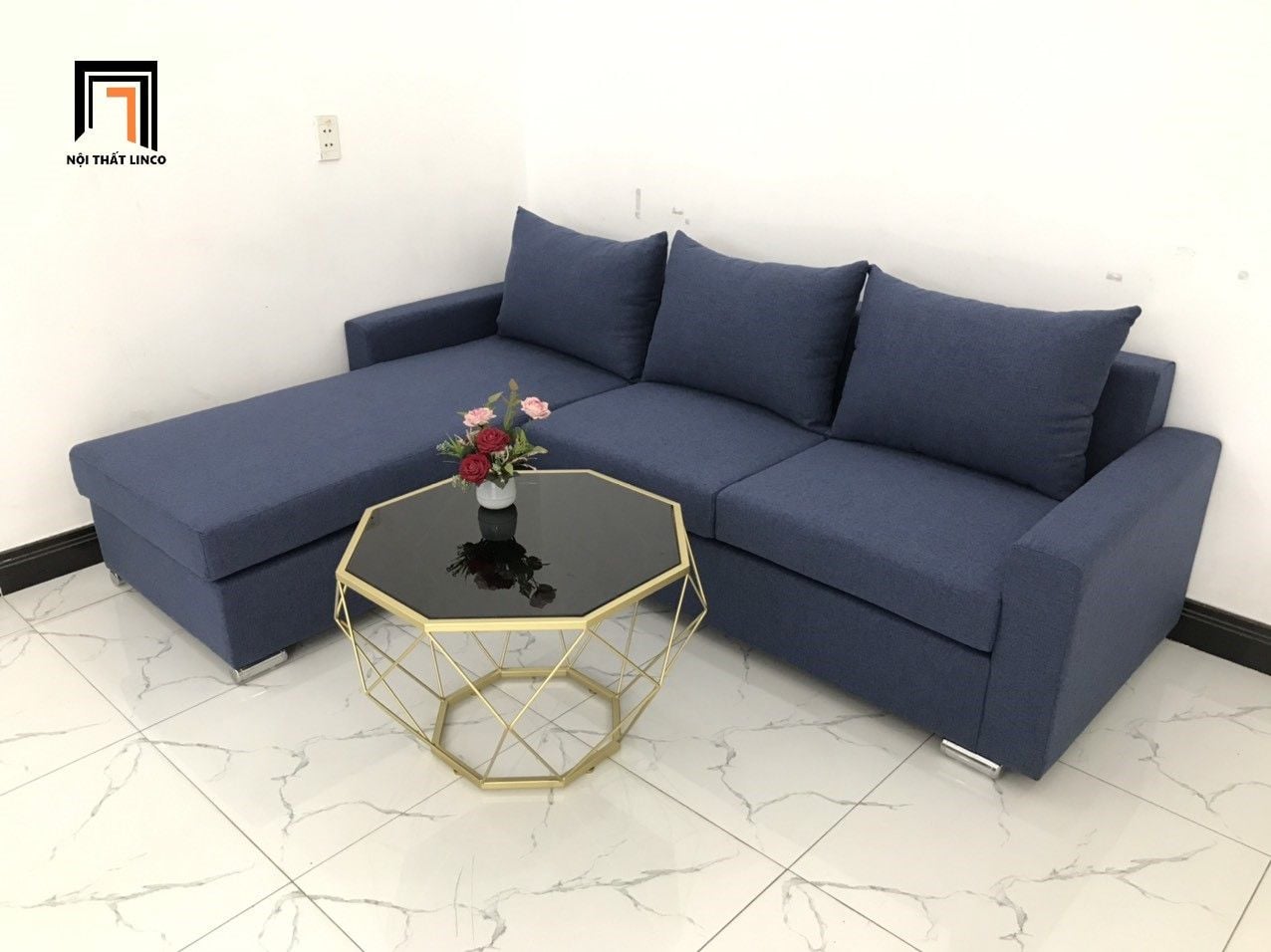 Bộ ghế sofa góc L 2m2 x 1m6 xanh dương đậm bọc vải – Nội thất Linco Bình Định