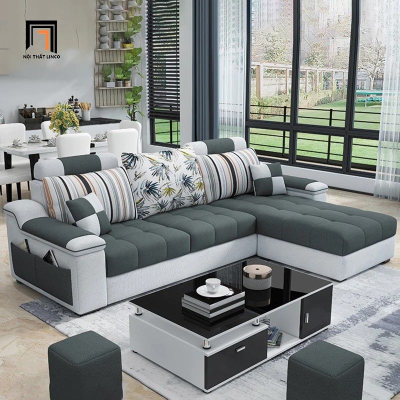 Bộ ghế sofa góc L sang trọng 2m4 x 1m6 GT107 Slopy phối màu xinh – Nội thất Linco Bình Định
