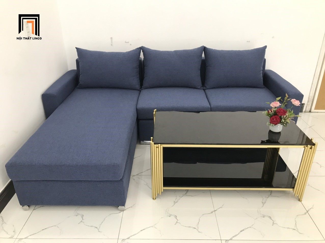 Bộ ghế sofa góc L 2m2 x 1m6 xanh dương đậm bọc vải – Nội thất Linco Bình Định