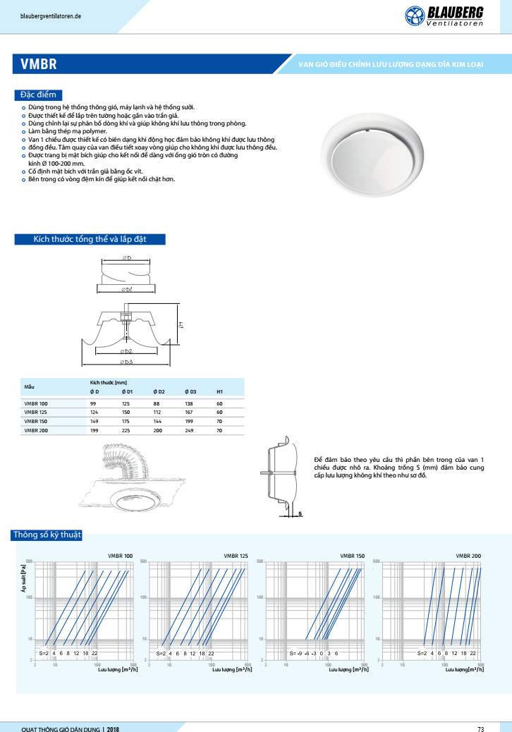 Cửa gió kim loại dạng đĩa lõm - điều chỉnh lưu lượng - VMBR - Blauberg