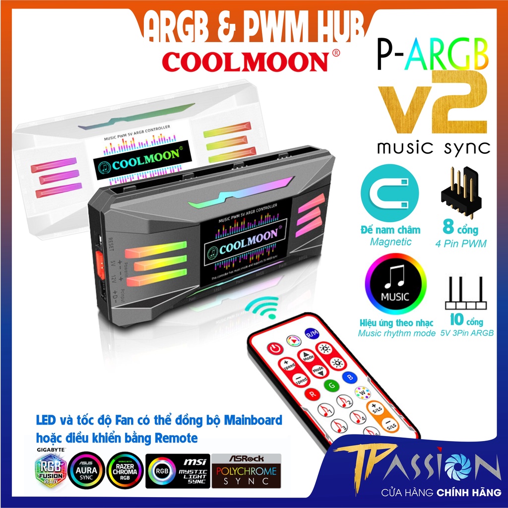 Hub Controller CoolMoon P-ARGB V2 Music nháy theo nhạc, 8 cổng 4 pin P