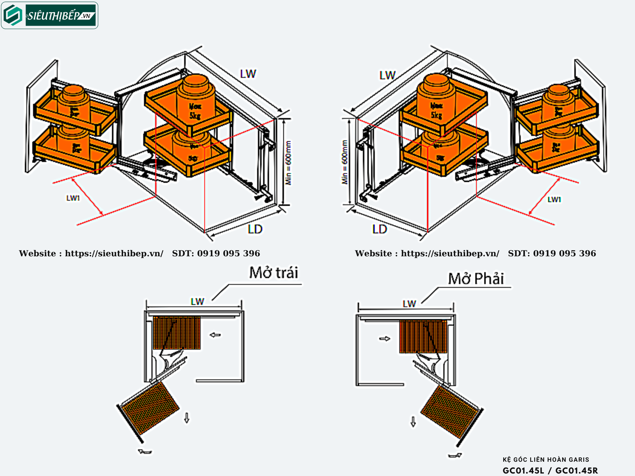 Kệ góc liên hoàn Garis GC01.45L / GC01.45R (Nan tạo hình dạng hộp)