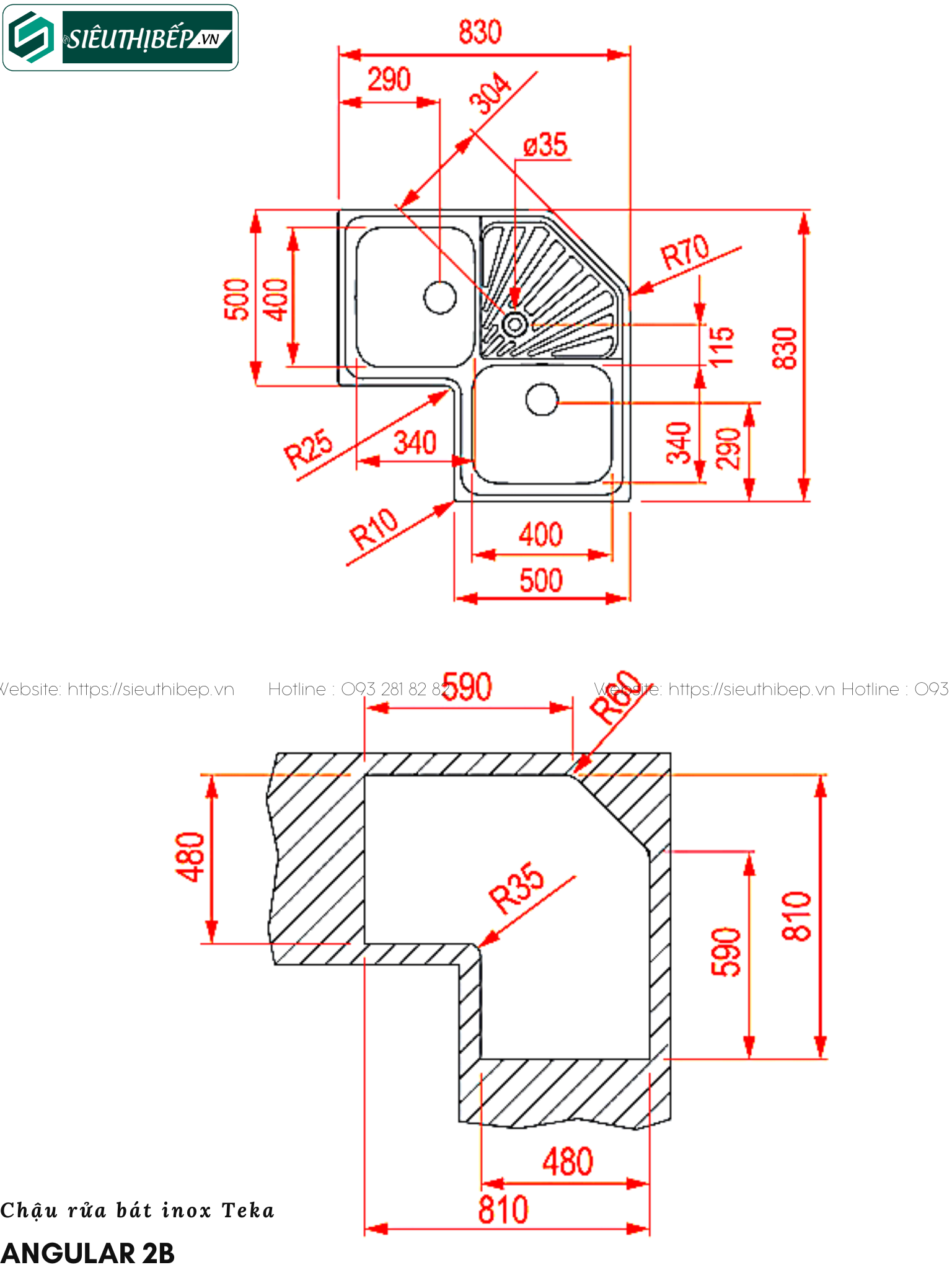 Chậu rửa bát inox Teka ANGULAR 2B - Made in Spain
