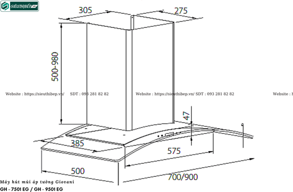 Máy hút mùi áp tường Giovani GH - 7501 EG / GH - 9501 EG
