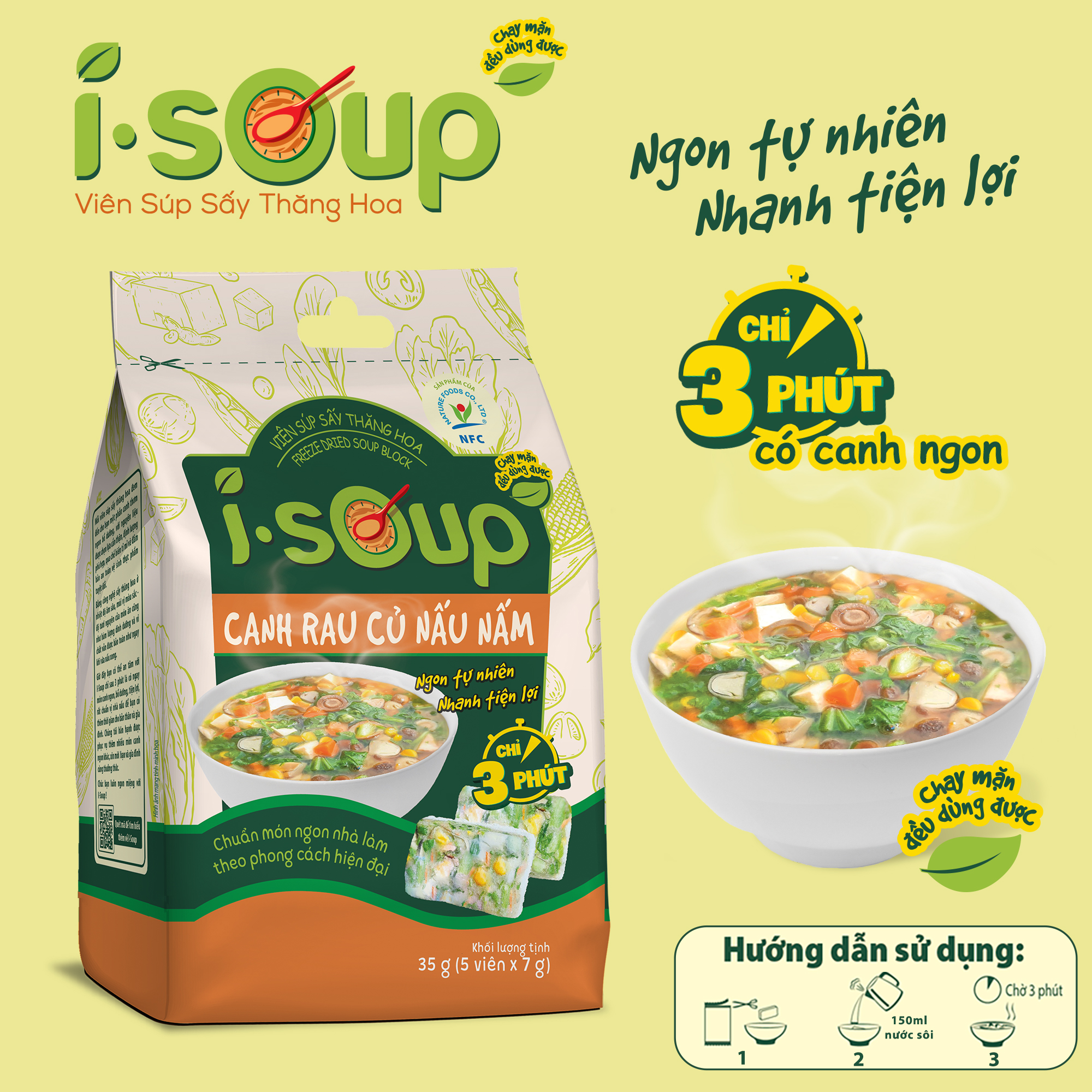 Canh rau củ nấu nấm ăn liền I-Soup 35g 05 viên Naturefoods