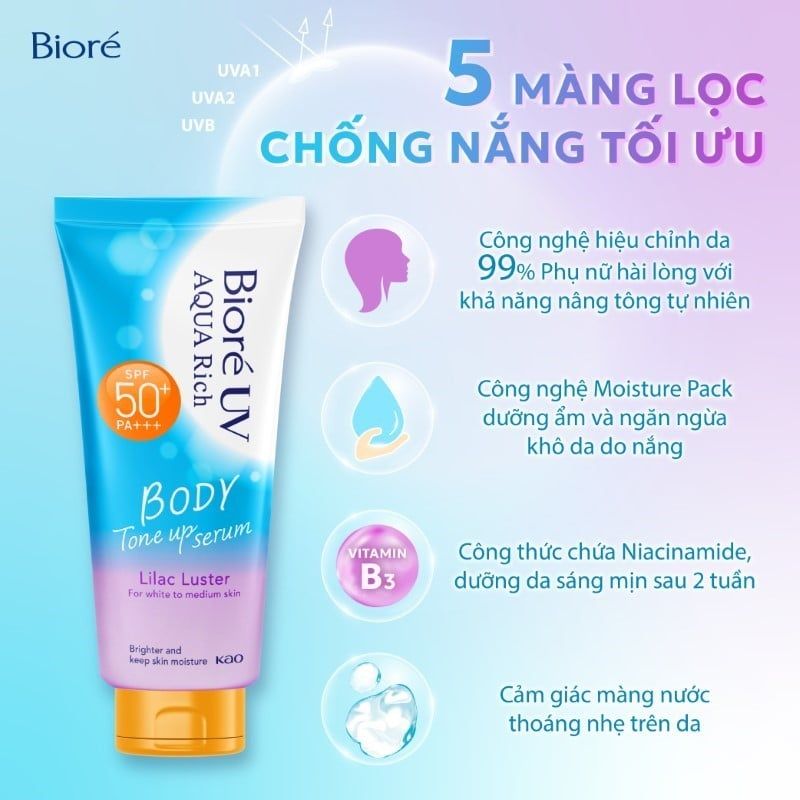 Biore Serum Chống nắng dưỡng thể UV Aqua Rich Body Tone Up Lilac Luster ...
