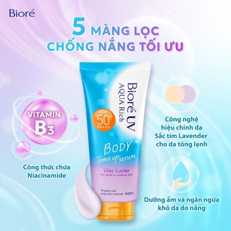 Biore Serum Chống nắng dưỡng thể UV Aqua Rich Body Tone Up Lilac Luster ...
