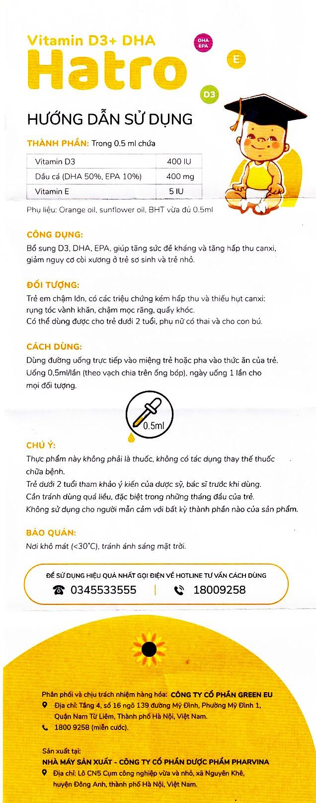 Hatro Vitamin D3+ DHA - Dung dịch uống bổ sung vitamin D3, DHA (Hộp 1 – Nhà Thuốc Helios