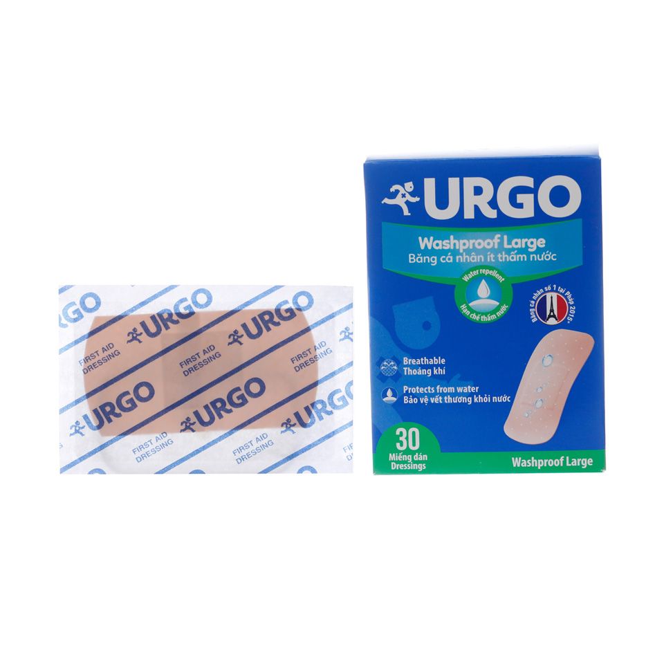 Băng cá nhân ít thấm nước Urgo Washproof Large (Hộp 30 miếng) – Nhà Thuốc Helios