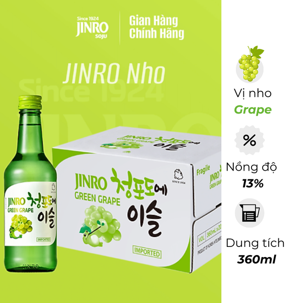 Rượu Soju Hàn Quốc Jinro vị Nho Xanh Green Grape 360ml (20 Chai / Thù ...