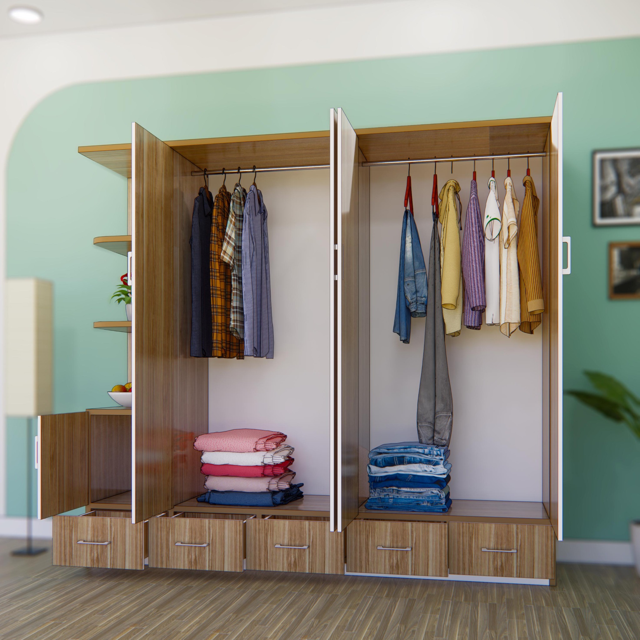 Tủ QA205 - 4 Cánh mở, ngăn kéo dưới, đợt trang trí trái, màu vân xoan – Nội thất Minh Đạt