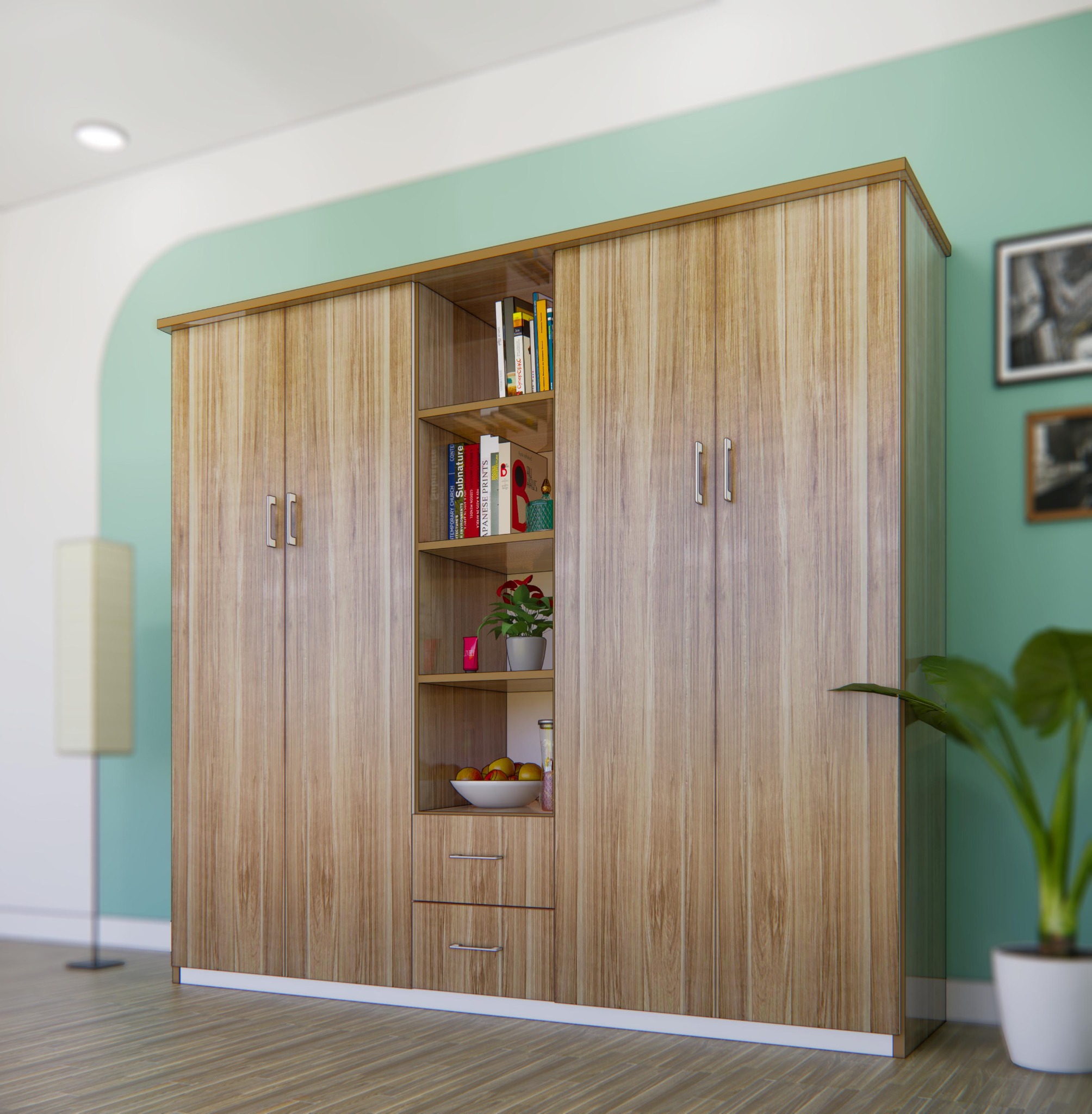 Tủ QA205-4 cánh dài,2 ngăn kéo,ô hở giữa màu vân xoan – Nội thất Minh Đạt