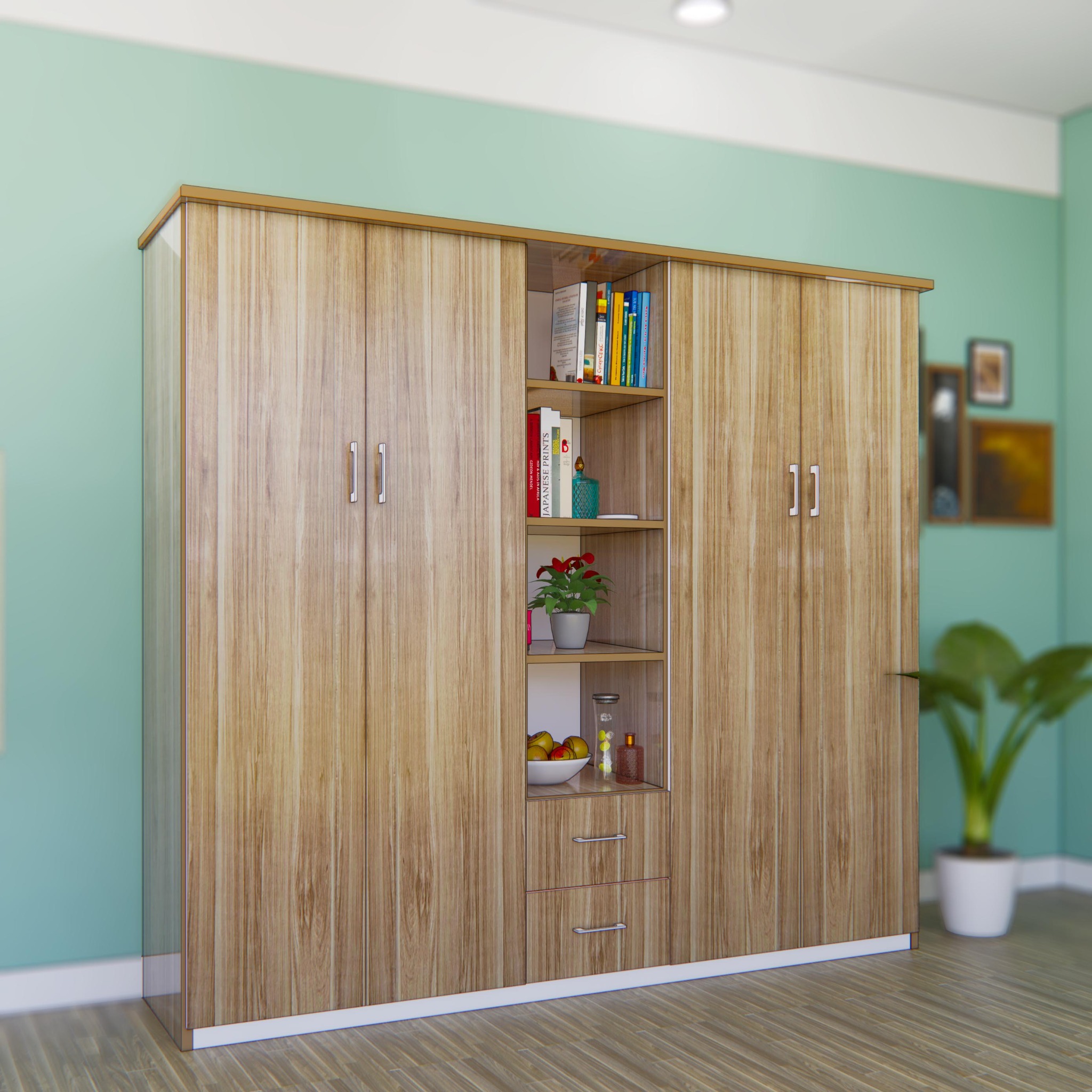 Tủ QA205-4 cánh dài,2 ngăn kéo,ô hở giữa màu vân xoan – Nội thất Minh Đạt