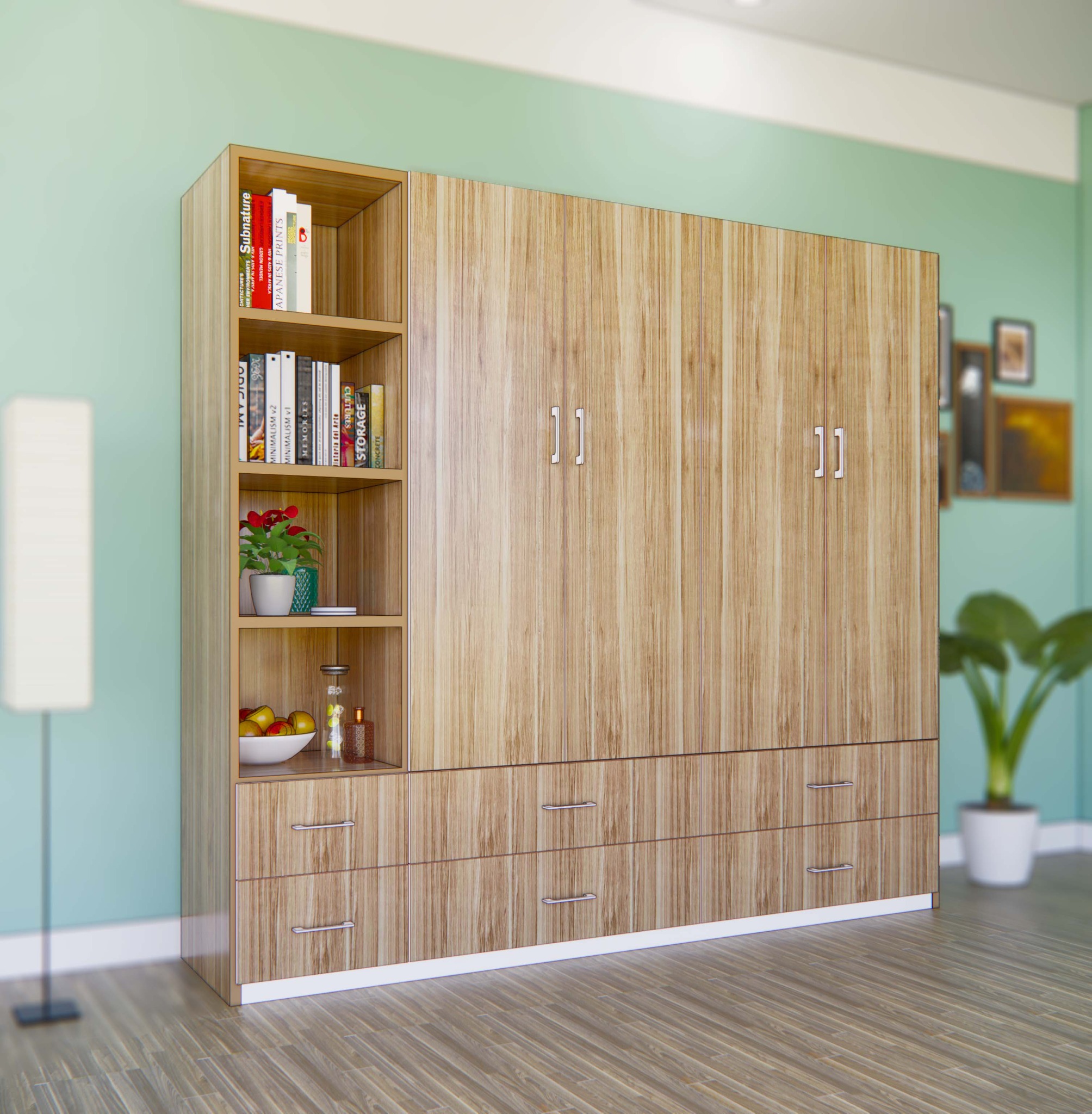 Tủ QA205 - 4 cánh mở, 2 hàng ngăn kéo dưới,ô hở trái màu vân xoan – Nội thất Minh Đạt