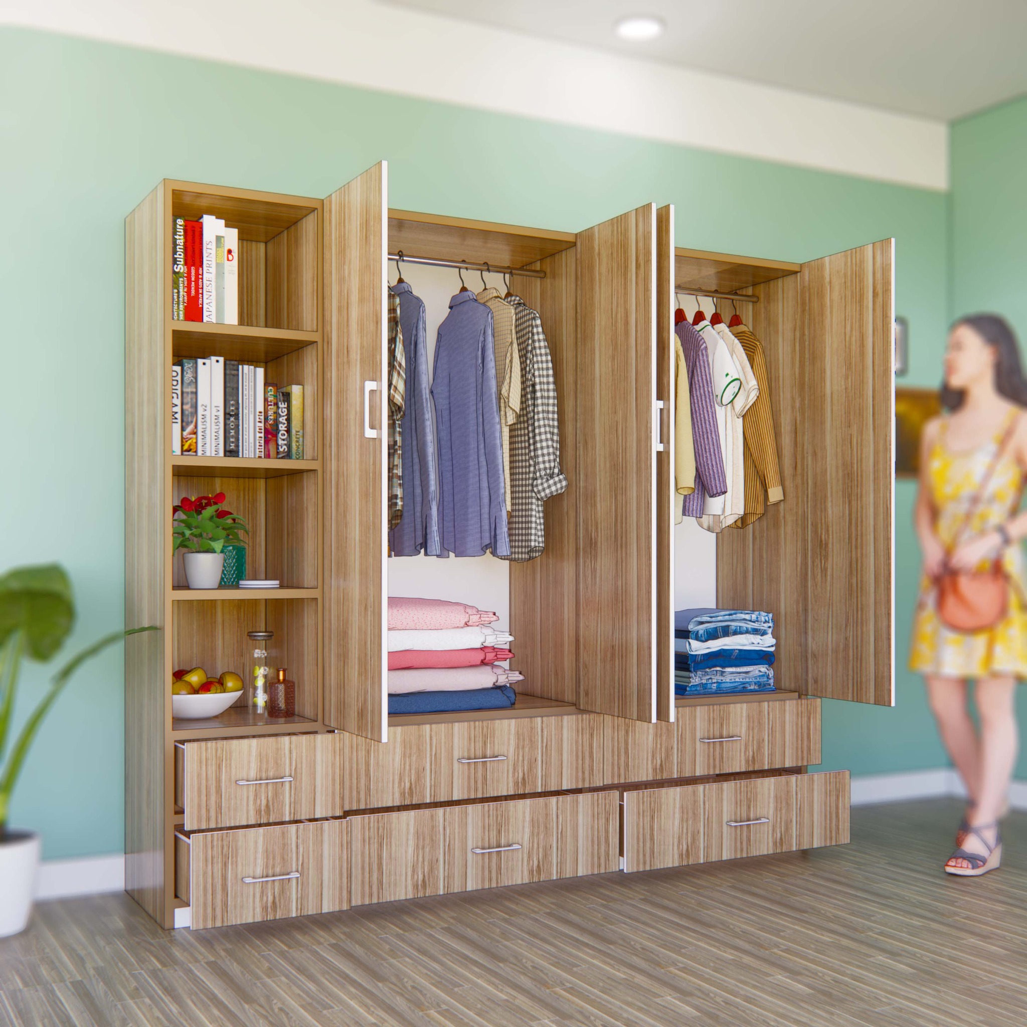 Tủ QA205 - 4 cánh mở, 2 hàng ngăn kéo dưới,ô hở trái màu vân xoan – Nội thất Minh Đạt