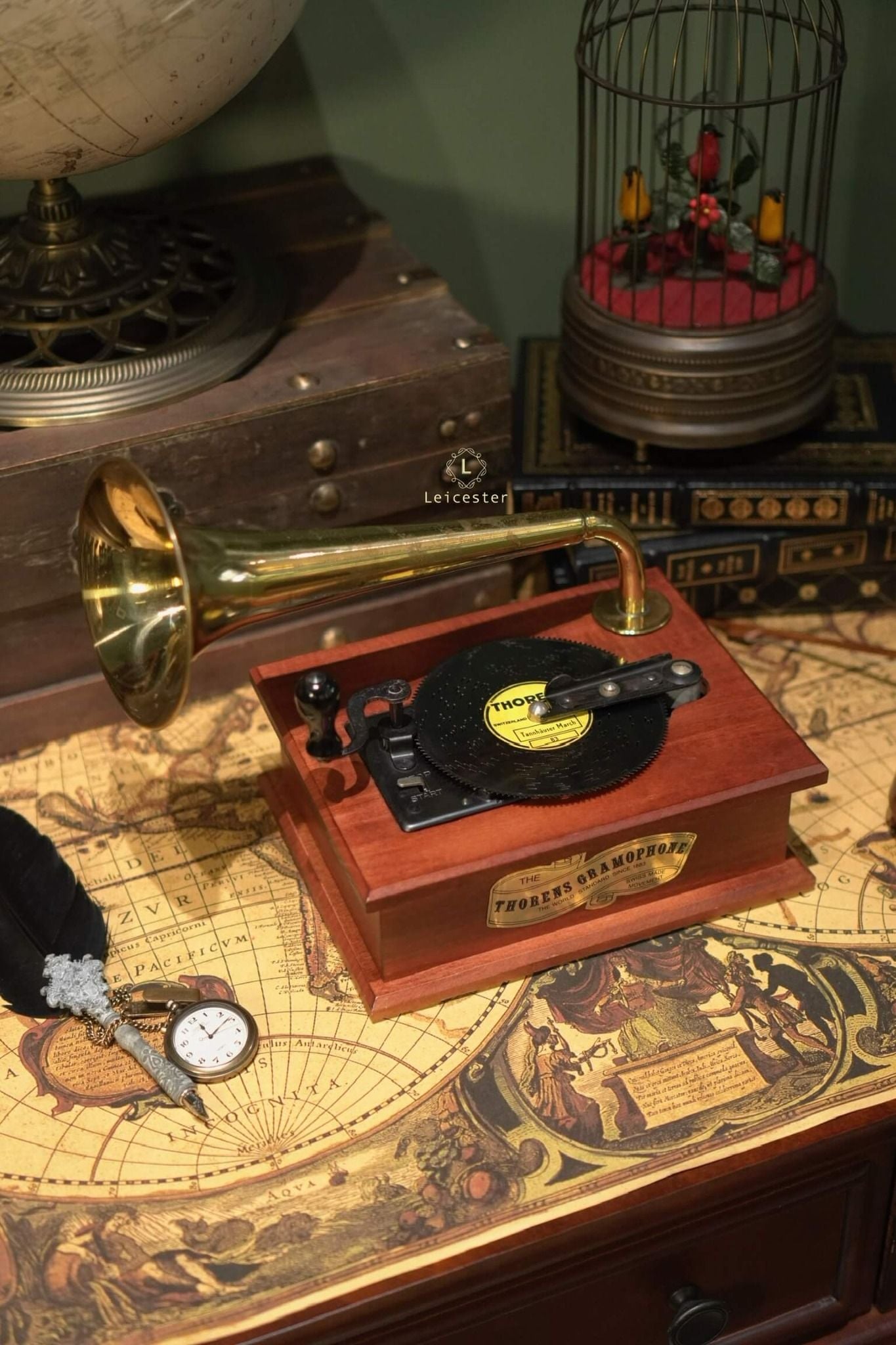 Thorens Gramophone Music Box with Brass Horn Reuge Swiss Movement ...