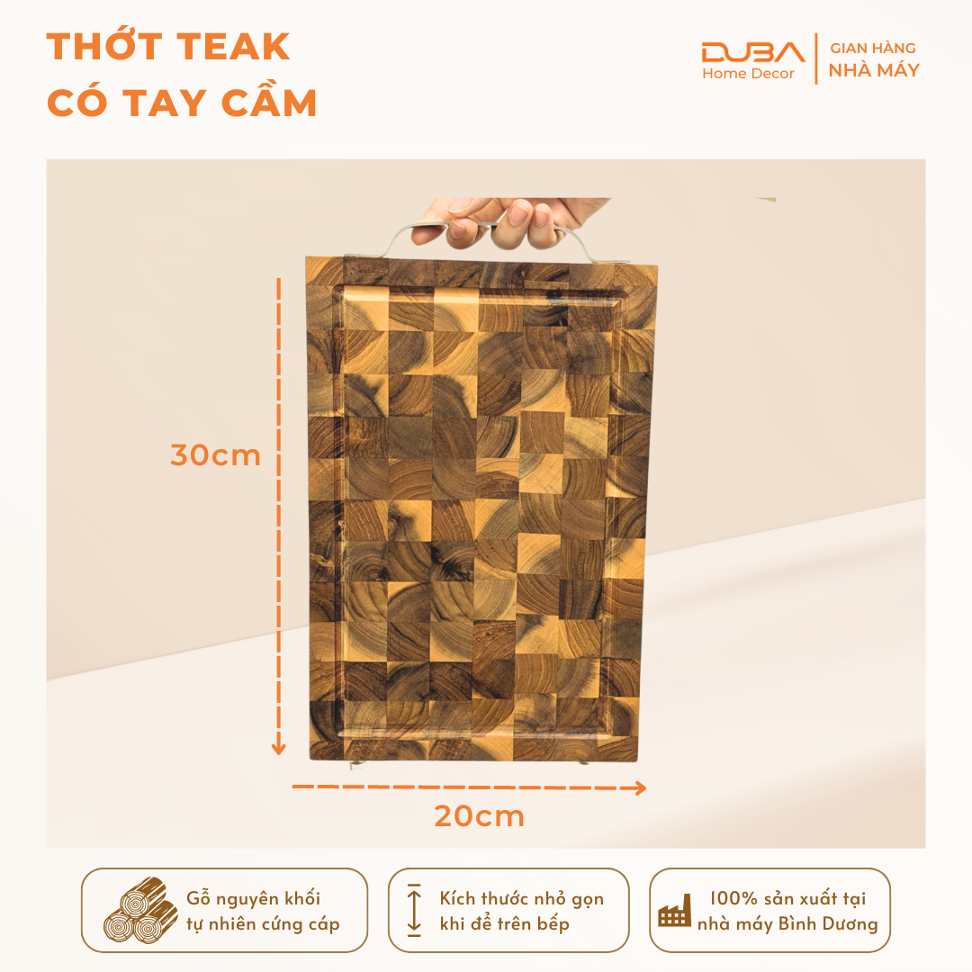 Thớt gỗ Teak có Tay cầm + 2 Chân đế sản xuất trực tiếp từ nhà máy DUBA