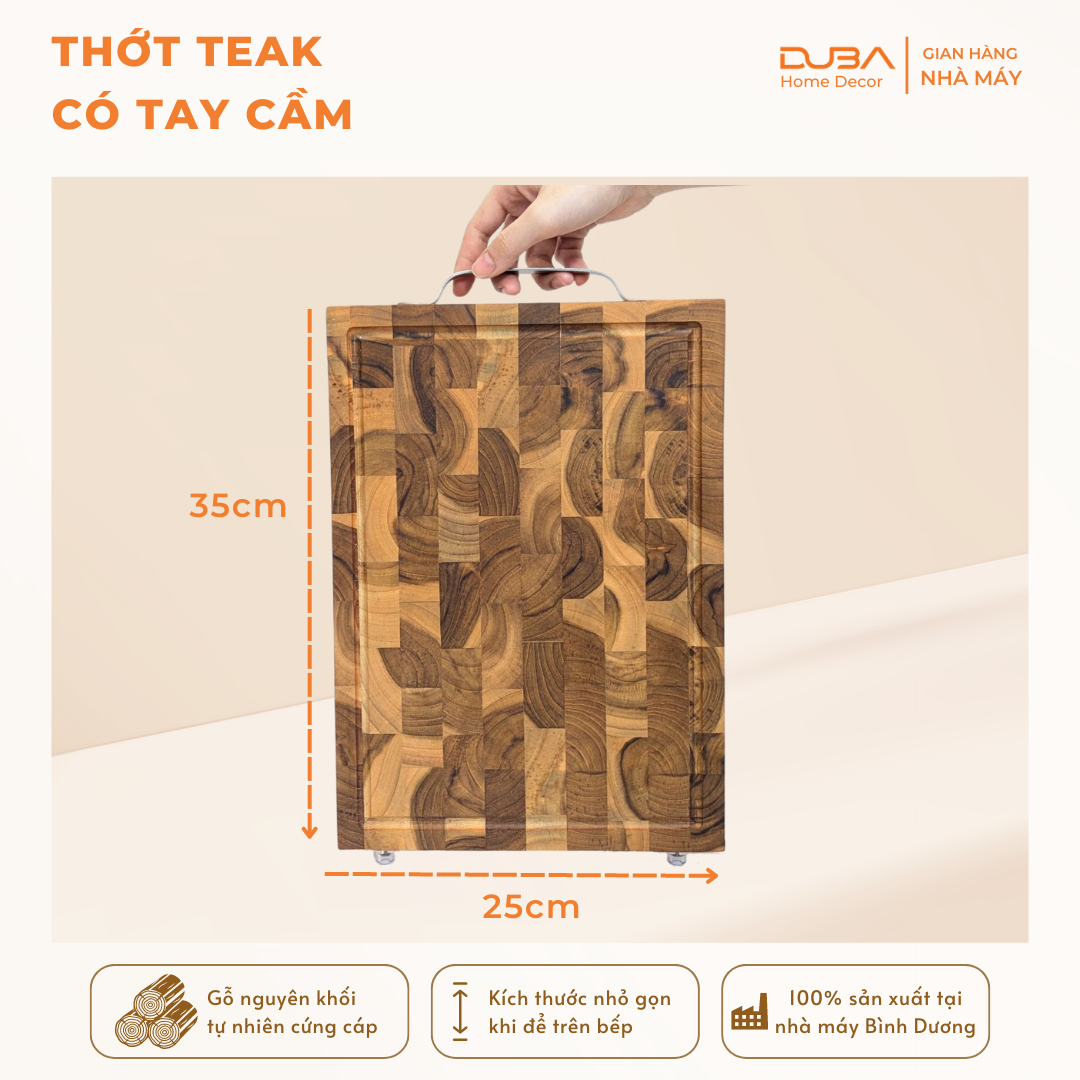 Thớt gỗ Teak có Tay cầm + 2 Chân đế sản xuất trực tiếp từ nhà máy DUBA