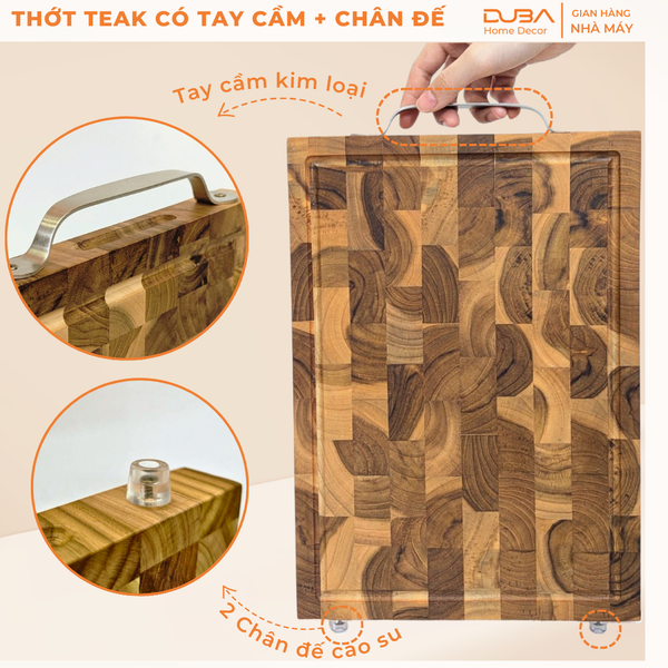 Thớt gỗ Teak có Tay cầm + 2 Chân đế sản xuất trực tiếp từ nhà máy DUBA
