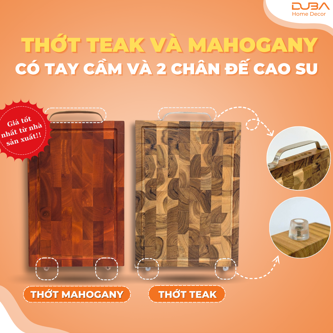 Thớt gỗ Teak có Tay cầm + 2 Chân đế sản xuất trực tiếp từ nhà máy DUBA