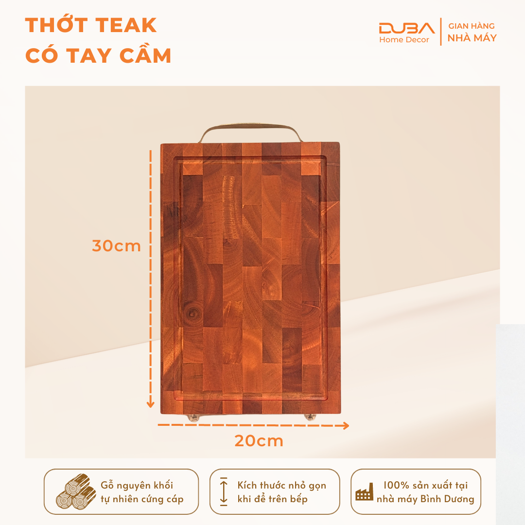 Thớt gỗ Teak có Tay cầm + 2 Chân đế sản xuất trực tiếp từ nhà máy DUBA