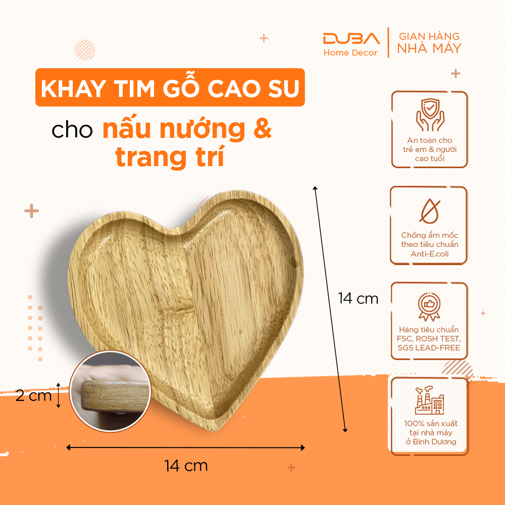 Khay cao su hình trái tim màu tự nhiên size 20x18cm