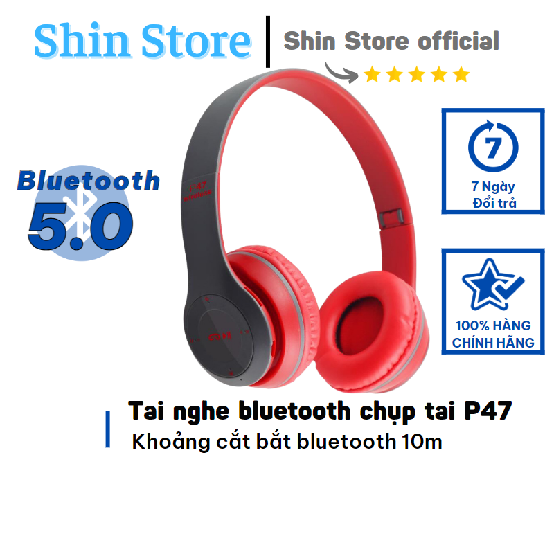 Tai nghe chụp tai P47 Bluetooth 5.0 không dây có mic có âm bass và khe