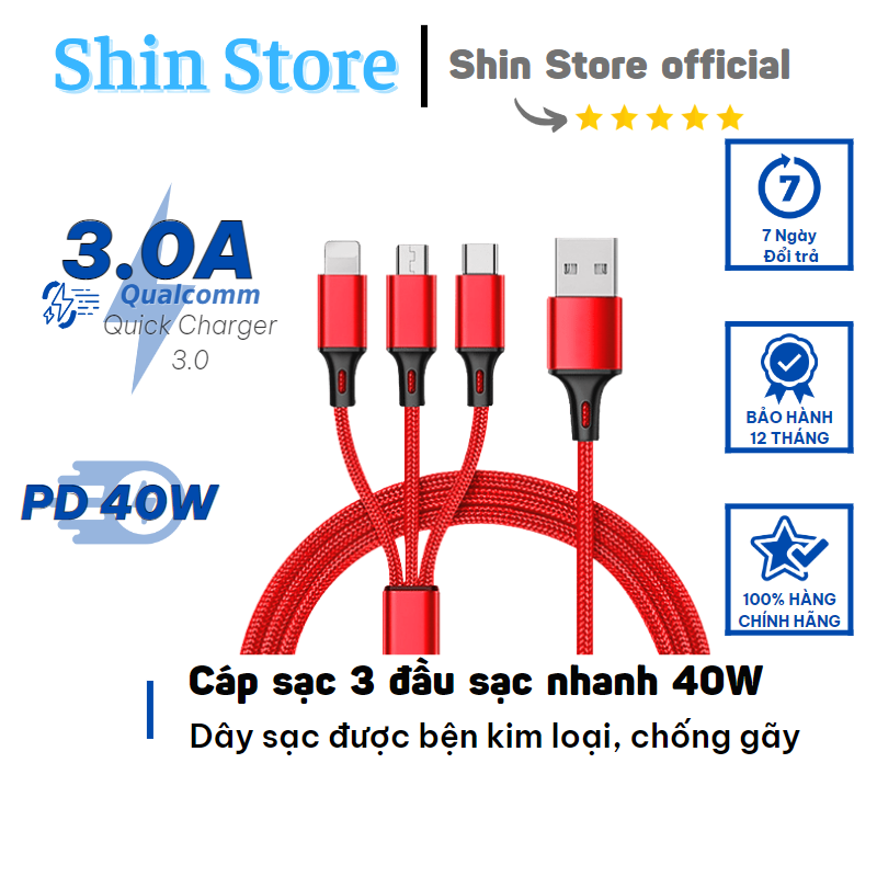 Cáp sạc 3 đầu dây bọc kim loại 1.2m