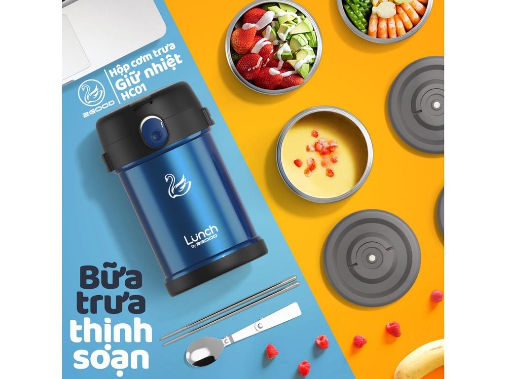 Hộp cơm giữ nhiệt 2GOOD Lunch Box HC01 (2 lít) - Kèm muỗng và đũa inox