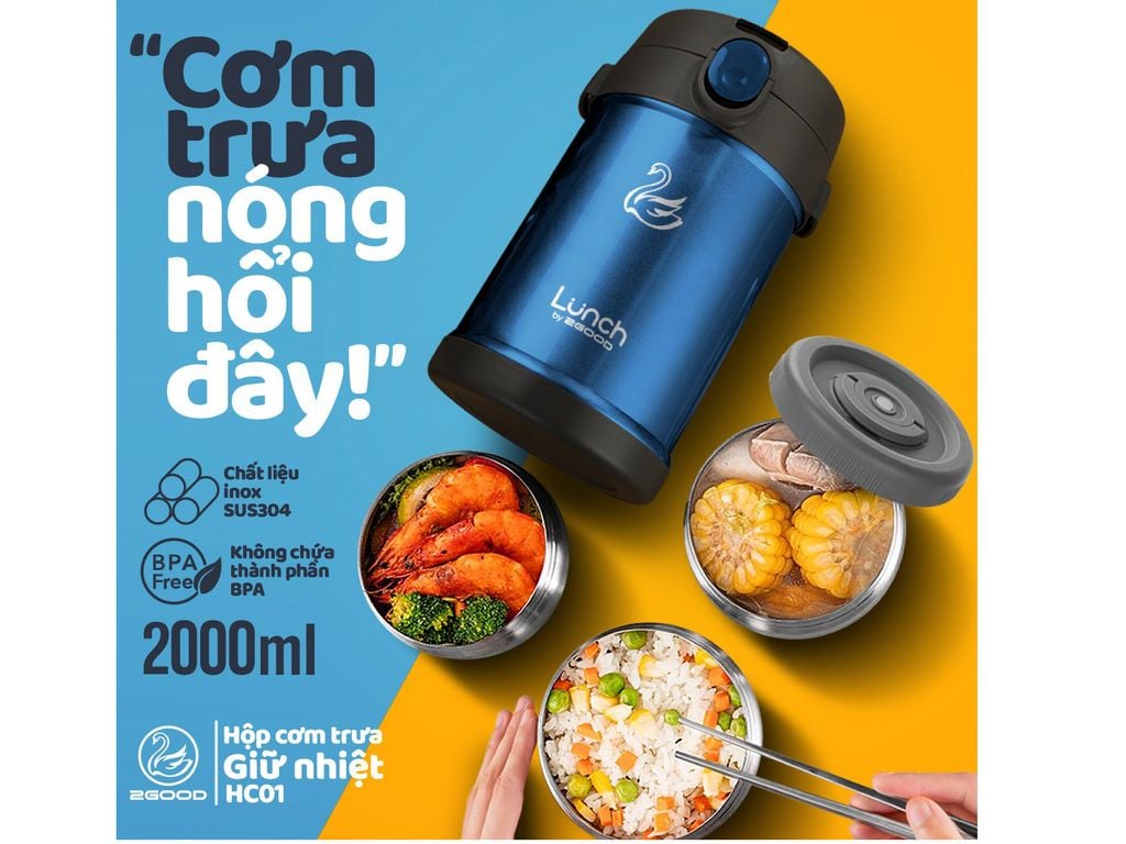 Hộp cơm giữ nhiệt 2GOOD Lunch Box HC01 (2 lít) - Kèm muỗng và đũa inox