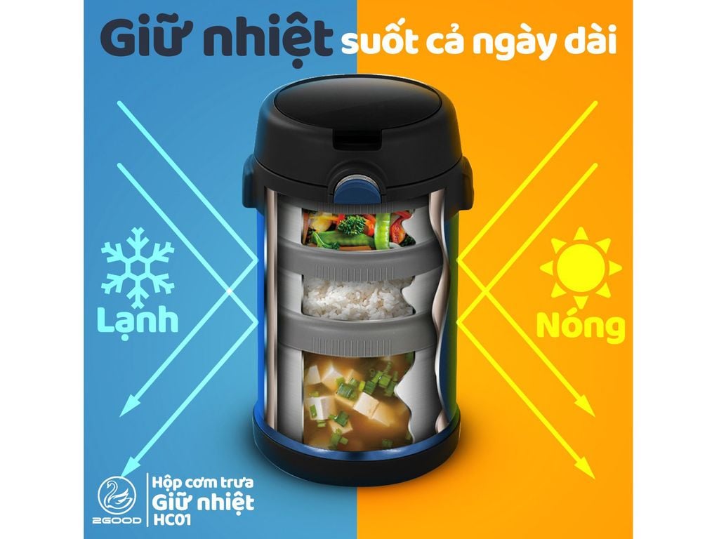 Hộp cơm giữ nhiệt 2GOOD Lunch Box HC01 (2 lít) - Kèm muỗng và đũa inox