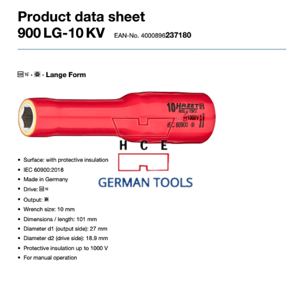 ĐẦU TUÝP DÀI LỤC GIÁC CÁCH ĐIỆN 1/2'' 10MM HAZET 900LG-10KV – germantools