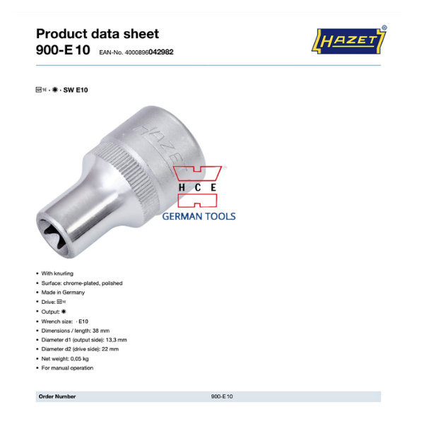 ĐẦU TUÝP 1/2'' ĐẦU SAO TORX E10 HAZET 900-E10 – germantools