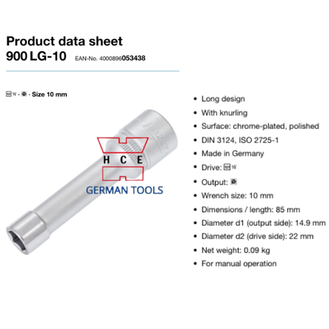 ĐẦU TUÝP LỤC GIÁC THÉP TRẮNG 1/2'' 10MM HAZET 900LG-10 – germantools