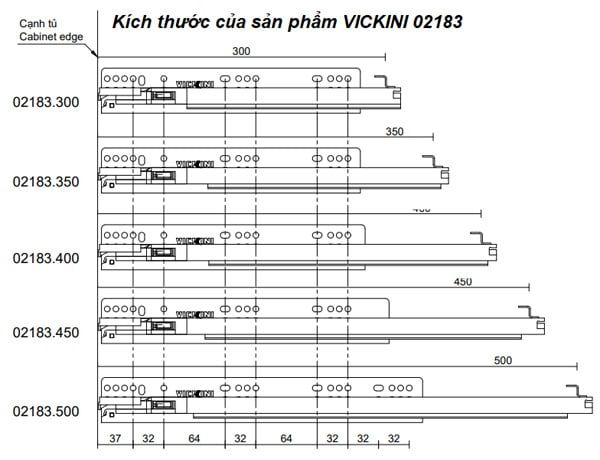 Thanh ray trượt 3 tầng giảm chấn VICKINI 02183.500 ZNP kẽm xanh – Thiết ...