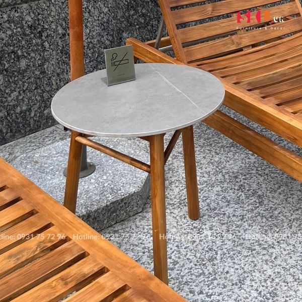 Bàn Cafe Mặt Đá Chân Gỗ Teak SKT54 – SKL