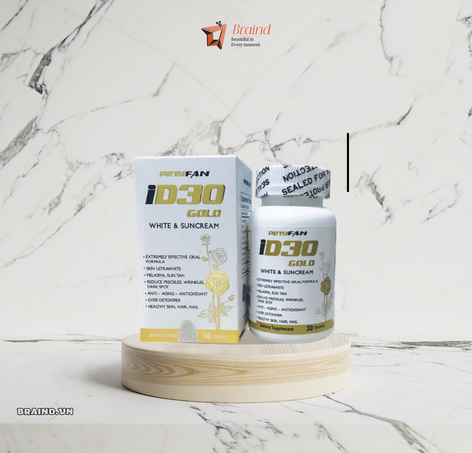 Viên uống trắng da iD30 Gold White & Suncream 30 viên– Braind