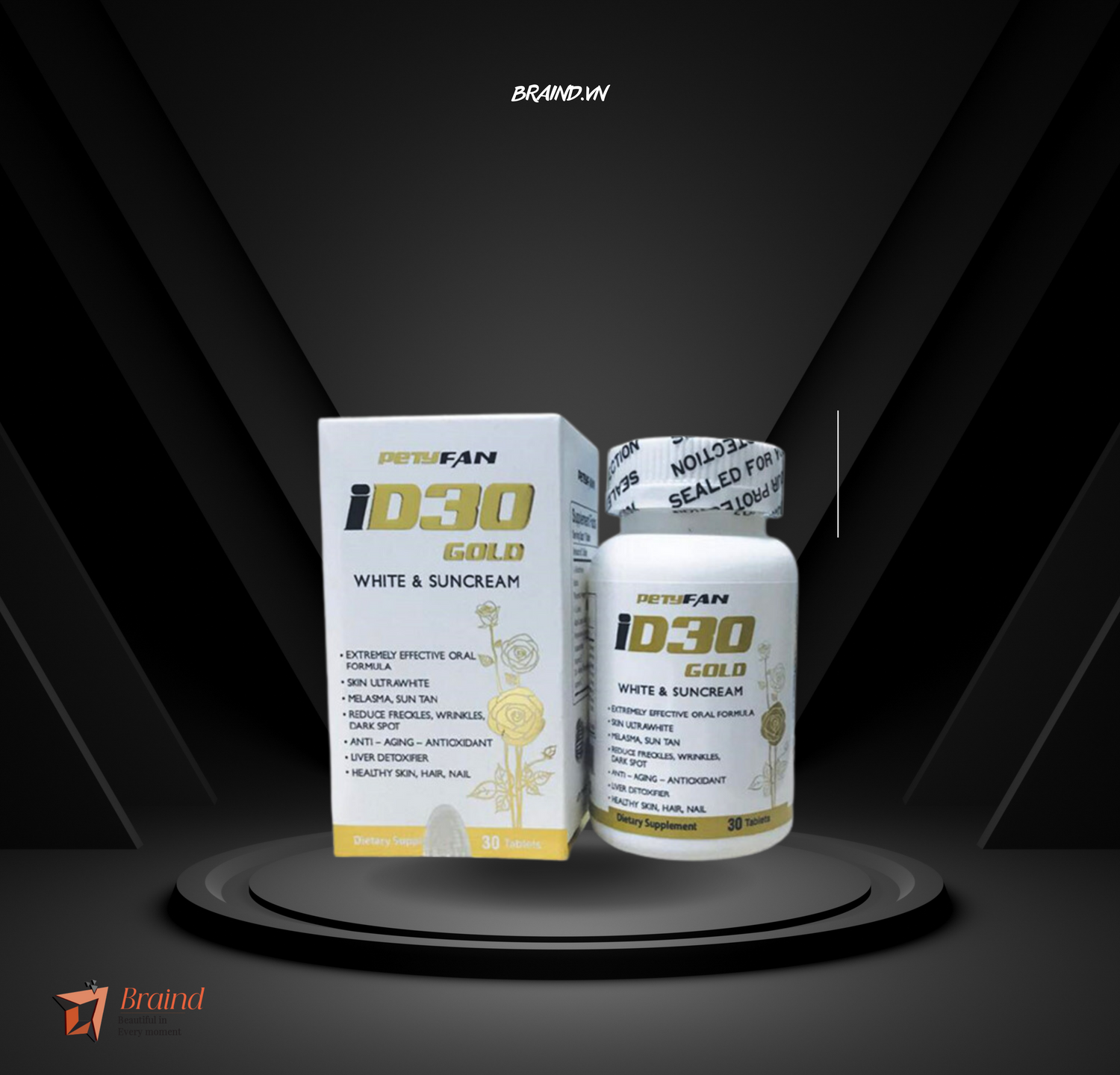 Viên uống trắng da iD30 Gold White & Suncream 30 viên– Braind